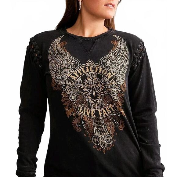 Affliction | Tops | Affliction Copper City Womens Xl Black Wash Lace Up ...